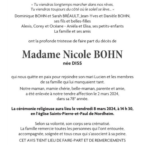 Avis de décès de Madame Nicole Georgette BOHN - Pompes Funèbres de ...